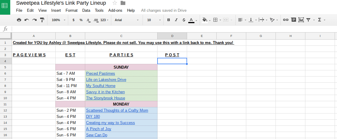 Link Party Spreadsheet Tracker - Sweetpea Lifestyle